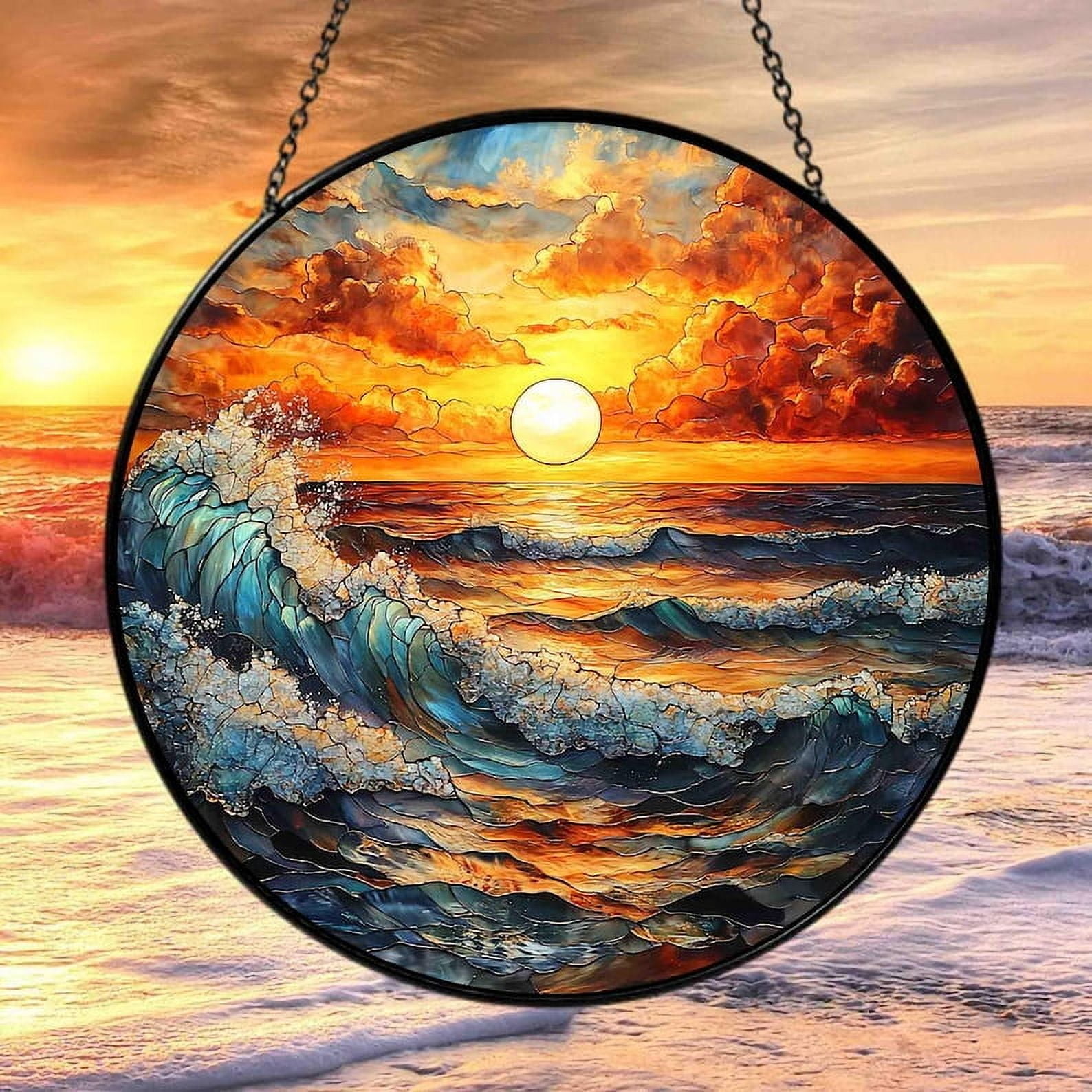 Beach Sunset Glass Suncatcher, Waves On The Beach Window Hanging, Beach ...