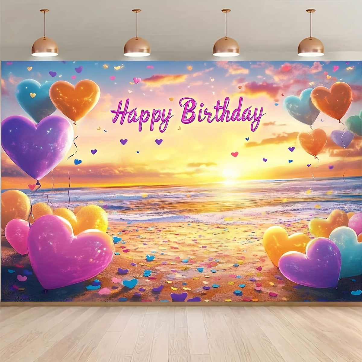 Beach Sunset Happy Birthday Backdrop Romantic Love Heart Balloon Sunset ...