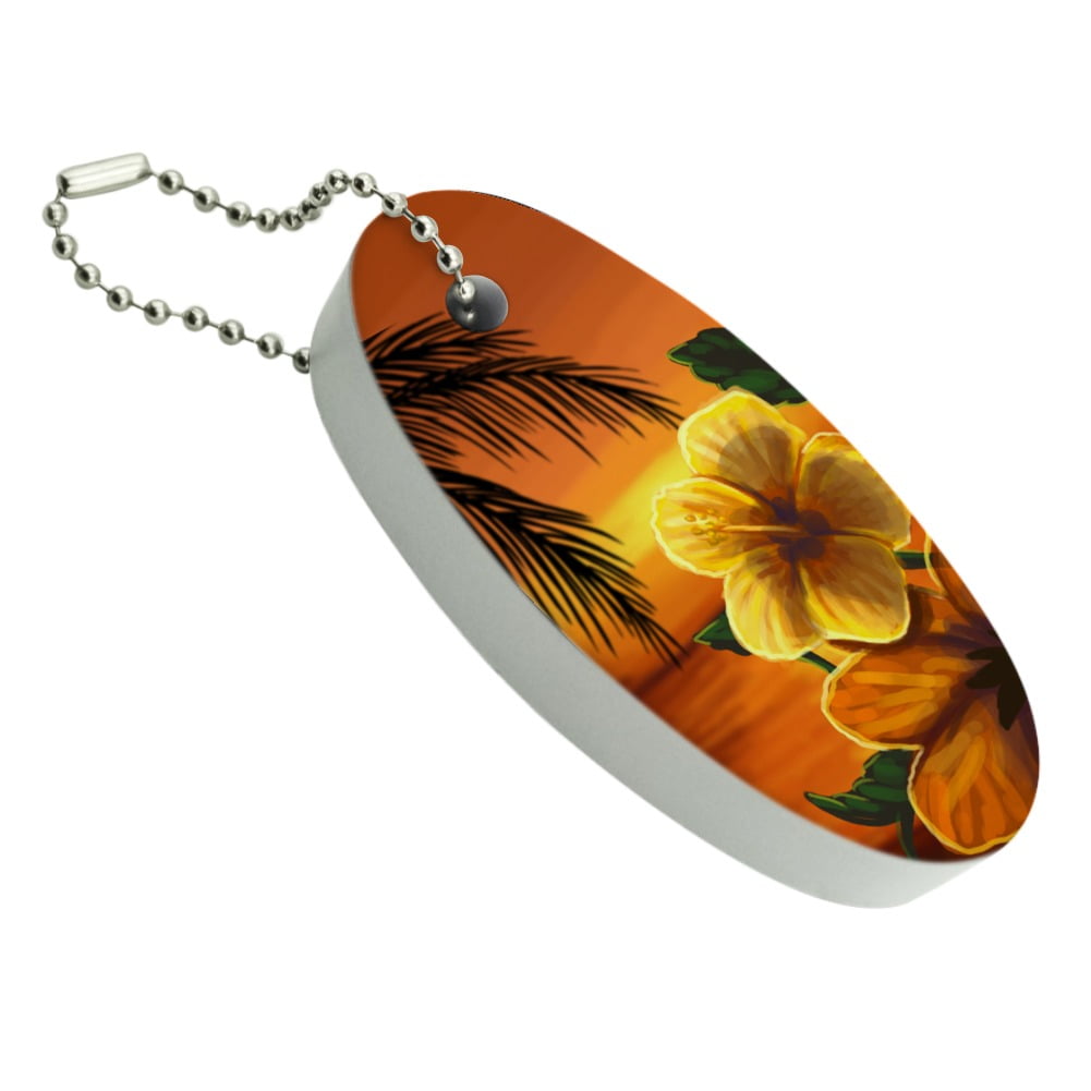 Beach Sunset Hibiscus Flower Hawaiian Floating Keychain Oval Foam ...