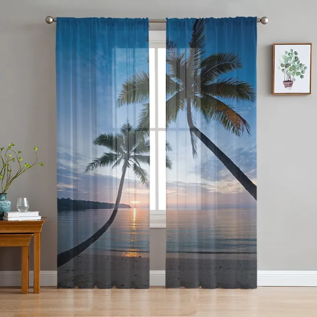 Beach Sunset Ocean Scenery Sheer Curtains Living Room Window Tulle ...