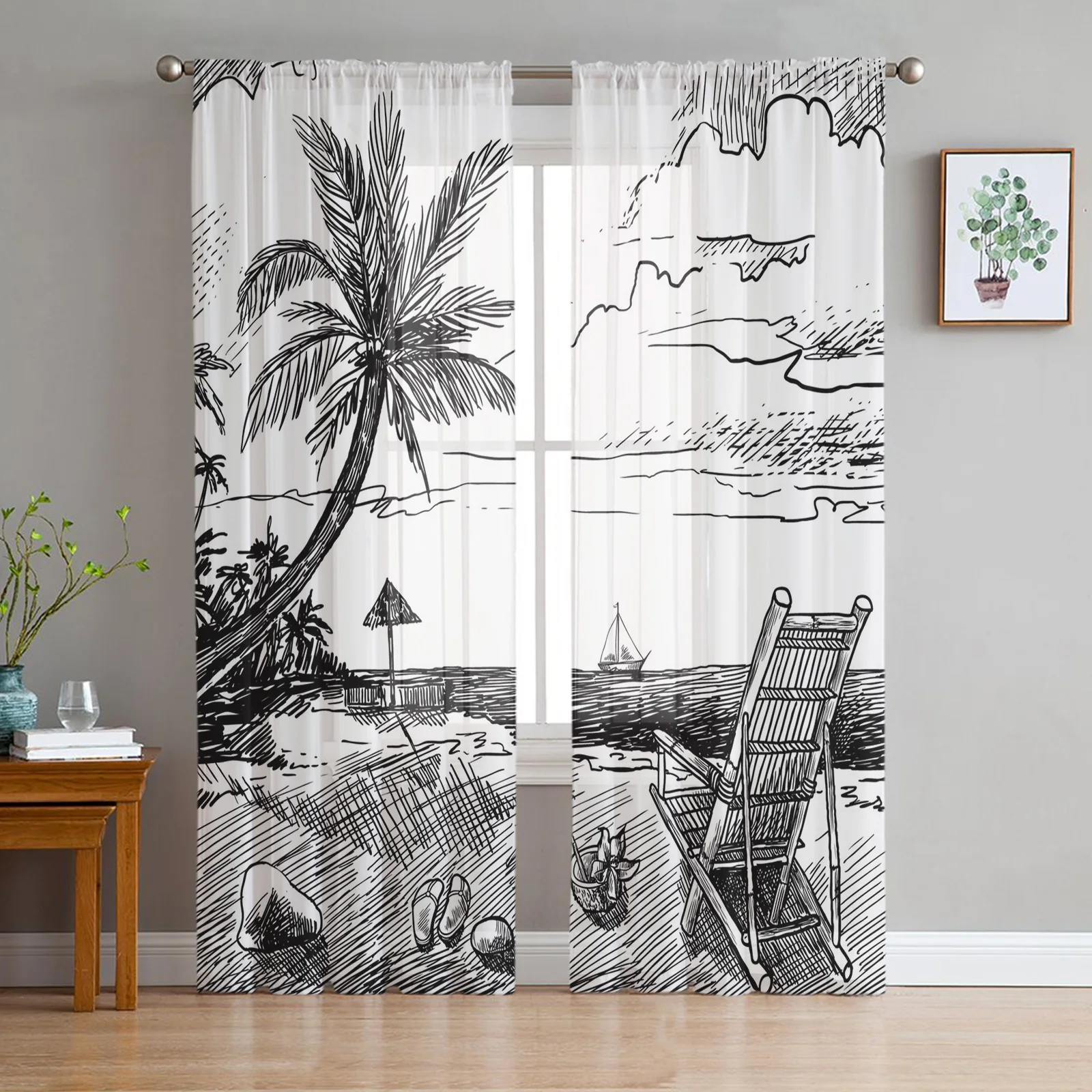 Beach Sunset Ocean Scenery Sheer Curtains Living Room Window Tulle ...