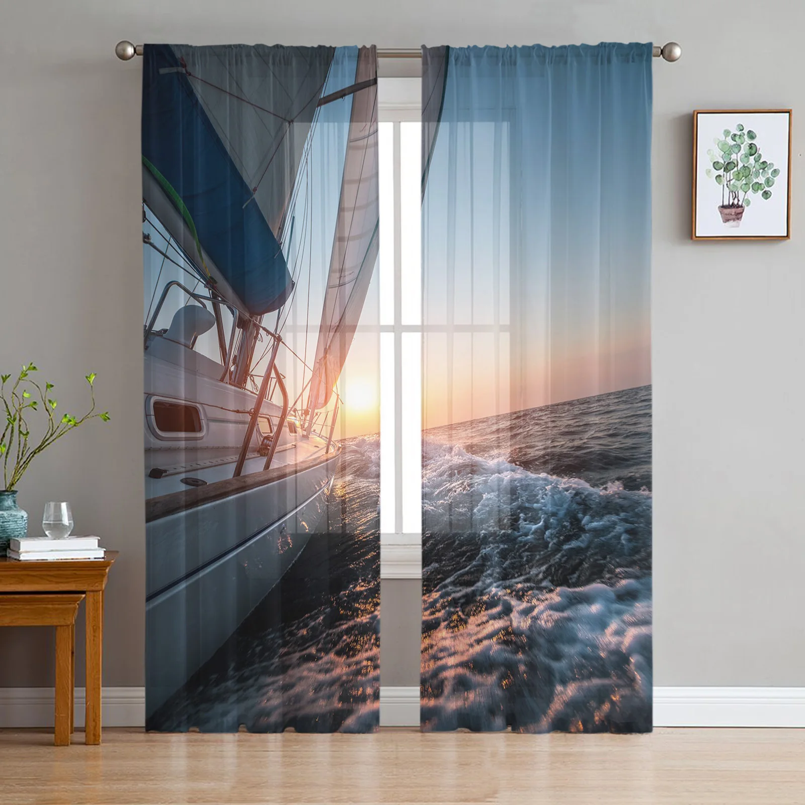 Beach Sunset Ocean Scenery Sheer Curtains Living Room Window Tulle ...
