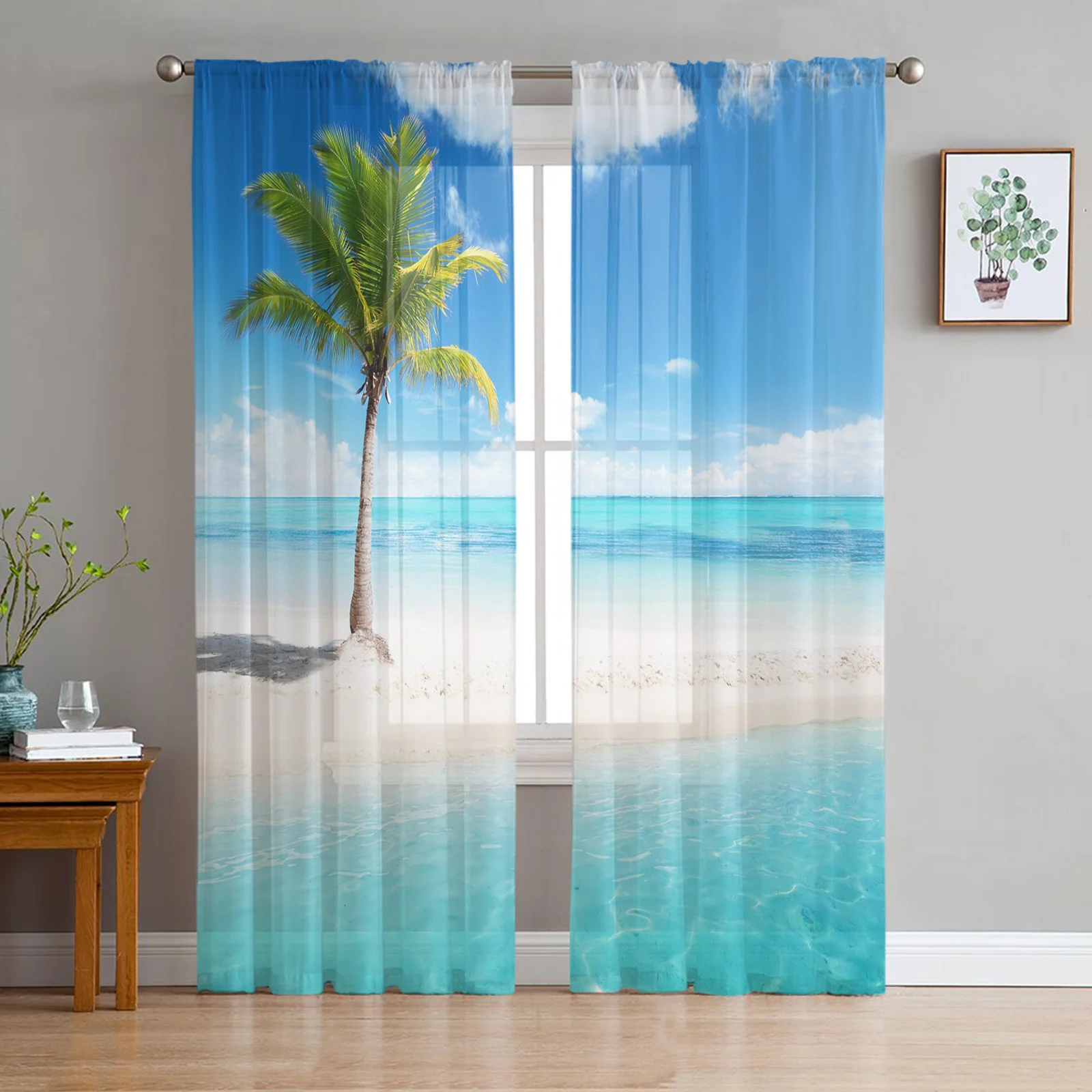 Beach Sunset Ocean Scenery Sheer Curtains Living Room Window Tulle ...