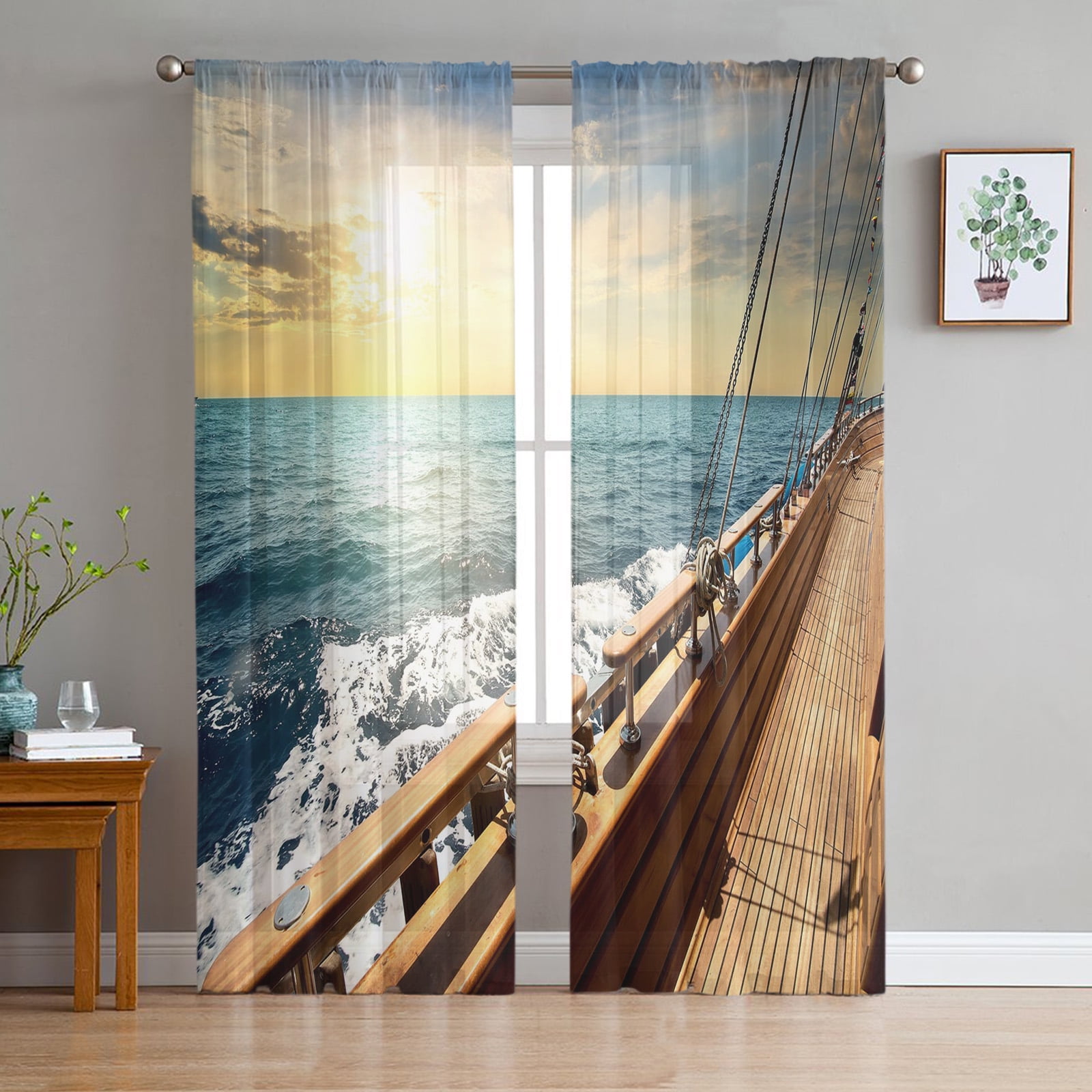 Beach Sunset Ocean Sheer Curtains for Living Room Bedroom Kitchen Tulle ...