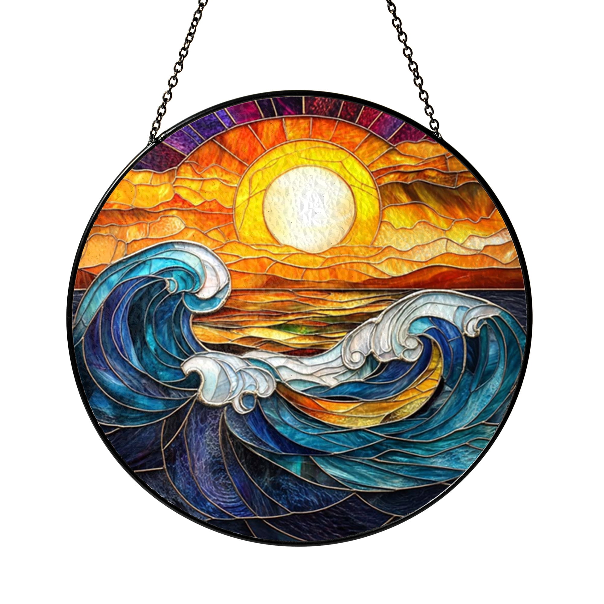 Beach Sunset Ocean Wave Landscape Stained Glass Style Window Suncatcher ...