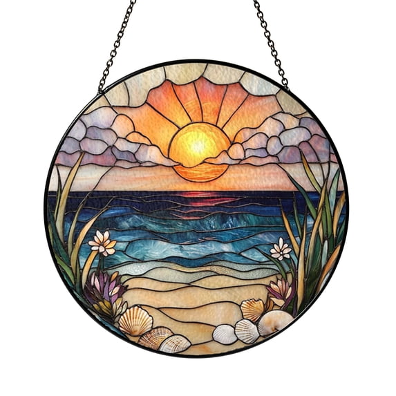 Beach Sunset Ocean Wave Stained Glass Style Suncatcher, Coastal Sea ...