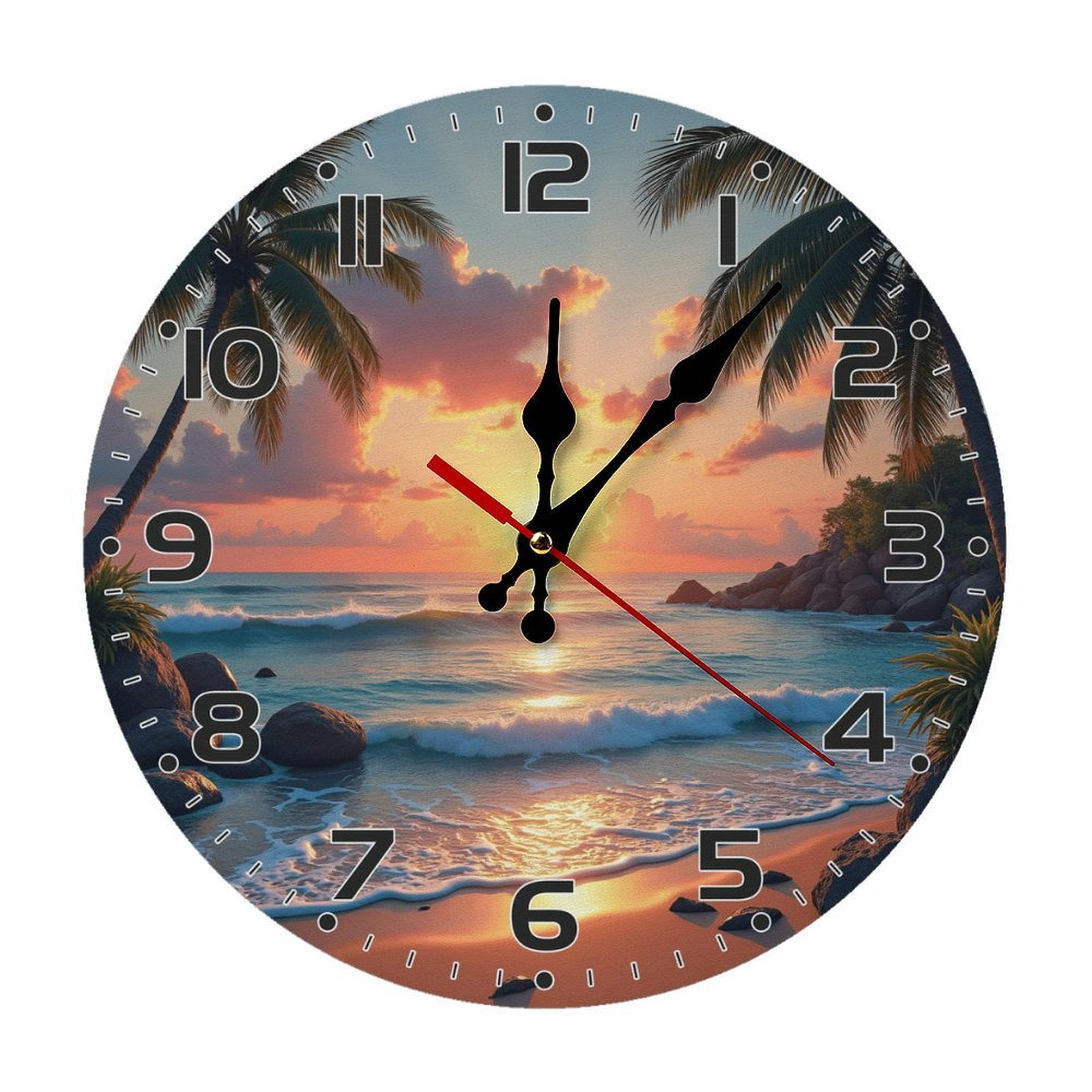 Beach Sunset Palm Tree Wall Clock 10 Inch Silent Non Ticking Round ...