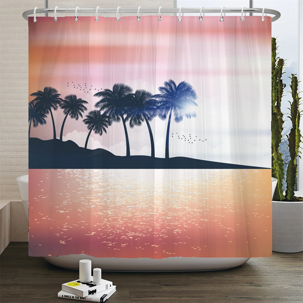 Beach Sunset Palm Trees Scenery 3d Printing Shower Curtain Polyester