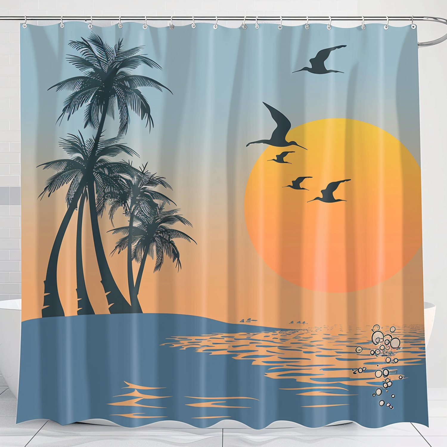 Beach Sunset Palm Trees Shower Curtain Set - Coastal Bathroom Decor ...