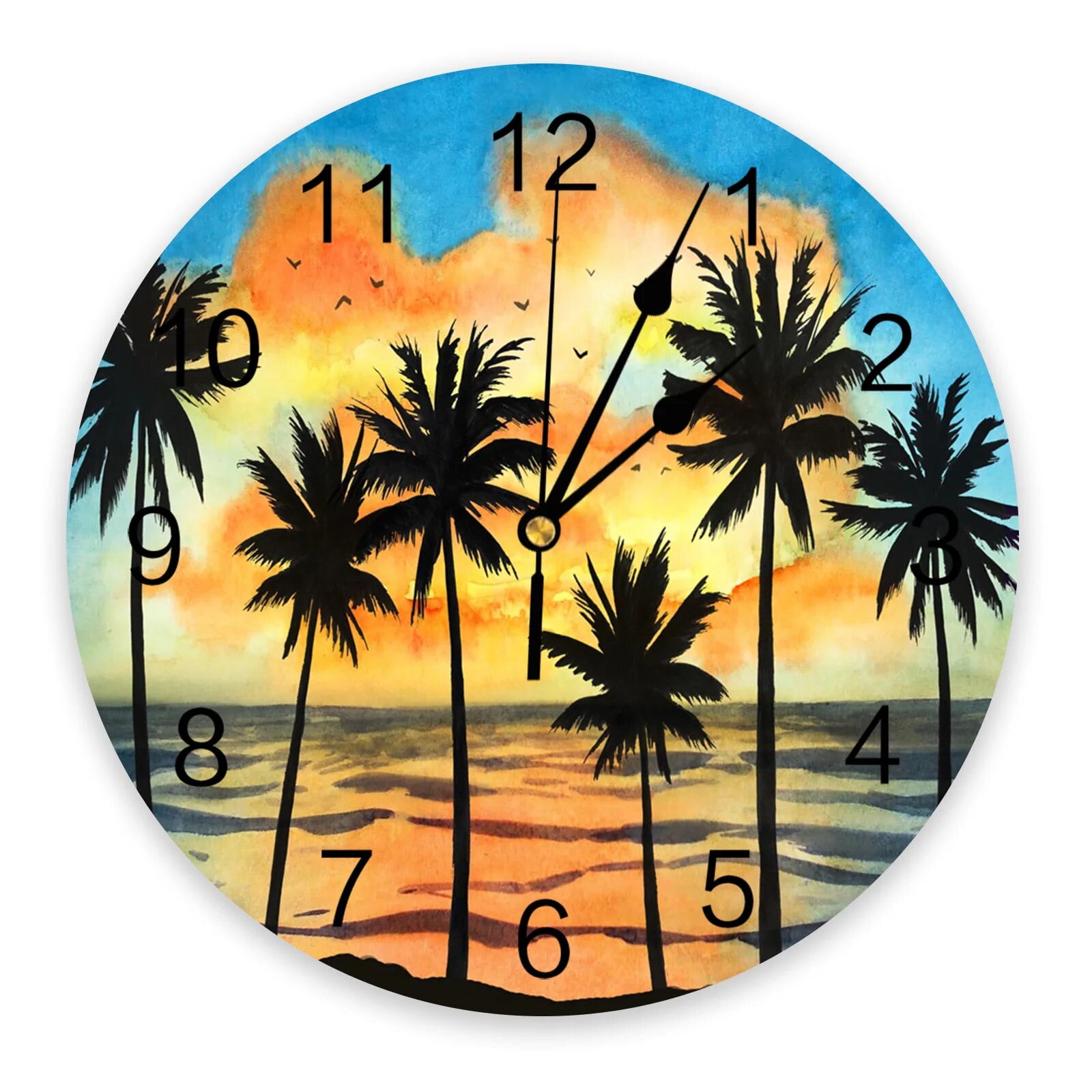 Beach Sunset Palm Trees Watercolor PVC Wall Clock Modern Design Living ...