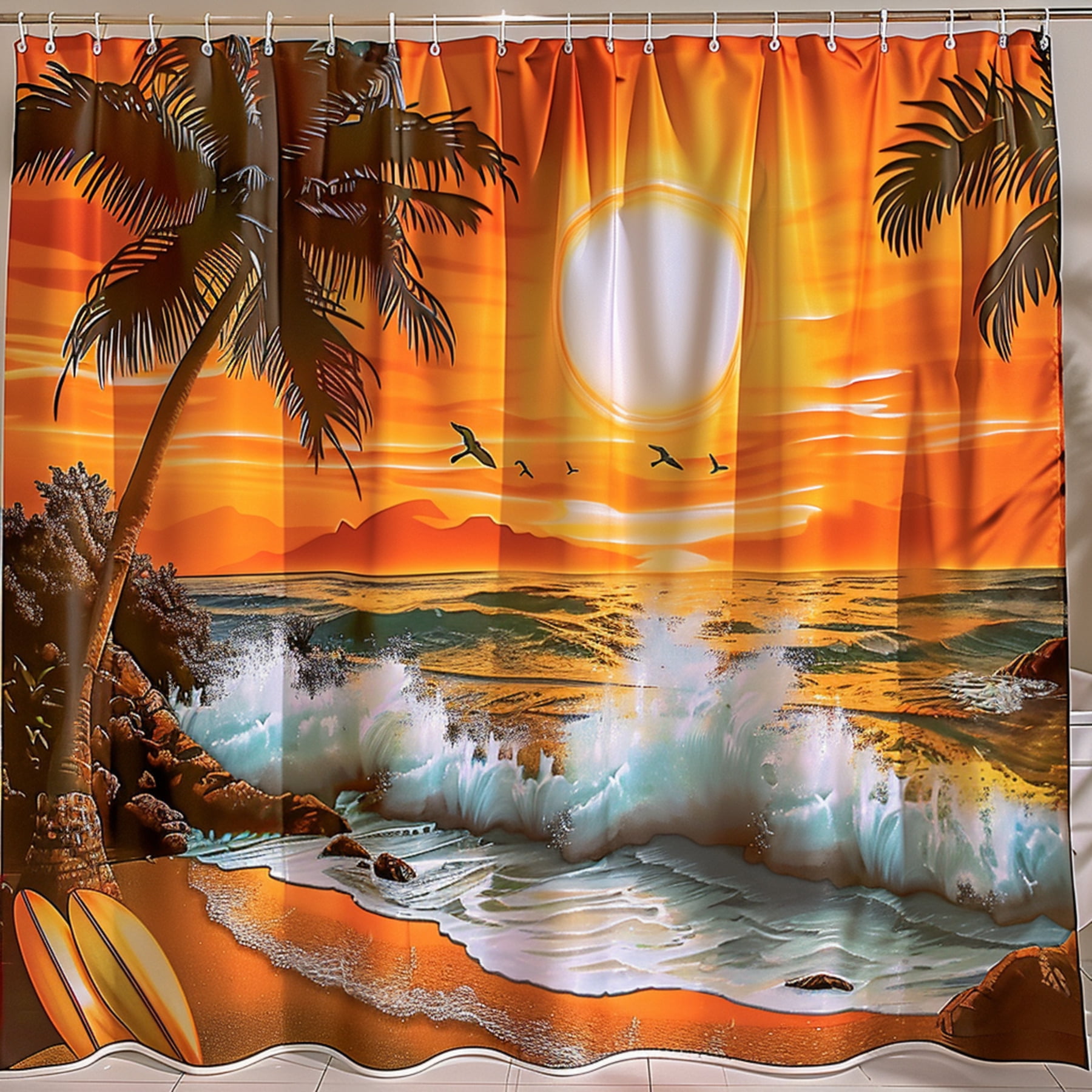 Beach Sunset Paradise Shower Curtain Tropical Palm Tree Design Vibrant ...