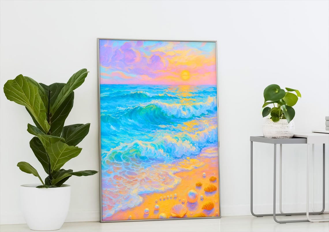 Beach Sunset Poster: Colorful Ocean Waves, Coastal Home Decor, Unframed ...