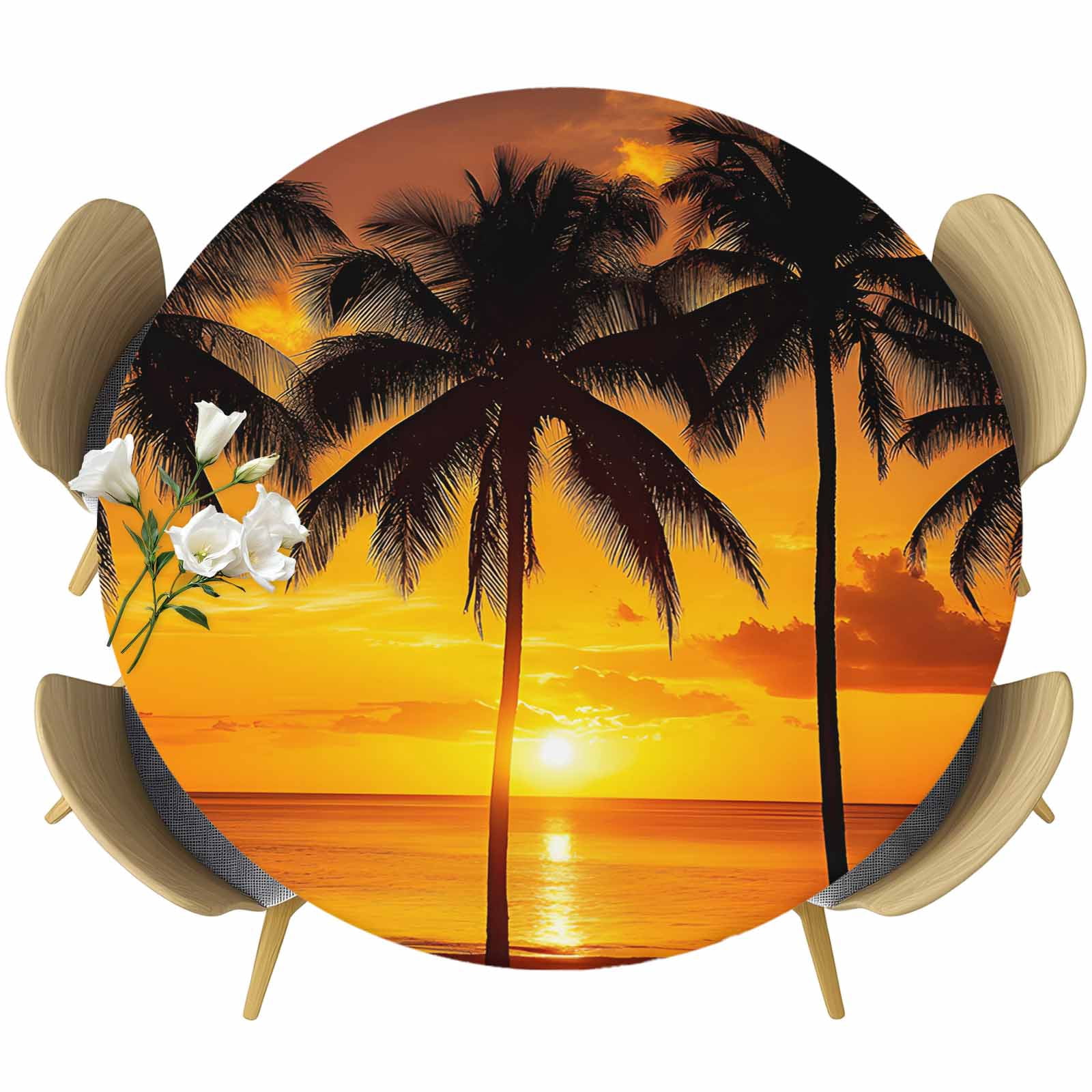 Beach Sunset Round Tablecloth, Fitted Table Cover with Elastic for 45 ...