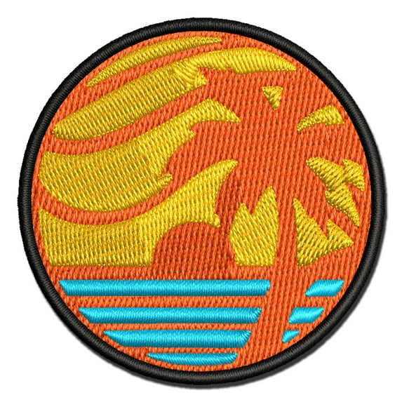 Beach Sunset Scene Tropical Ocean Applique Multi-Color Embroidered Iron ...