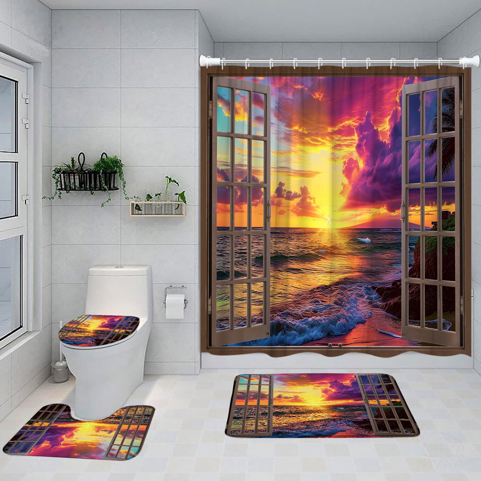 Beach Sunset Scenery Shower Curtain Set Seaside Landscape Coconut Trees ...