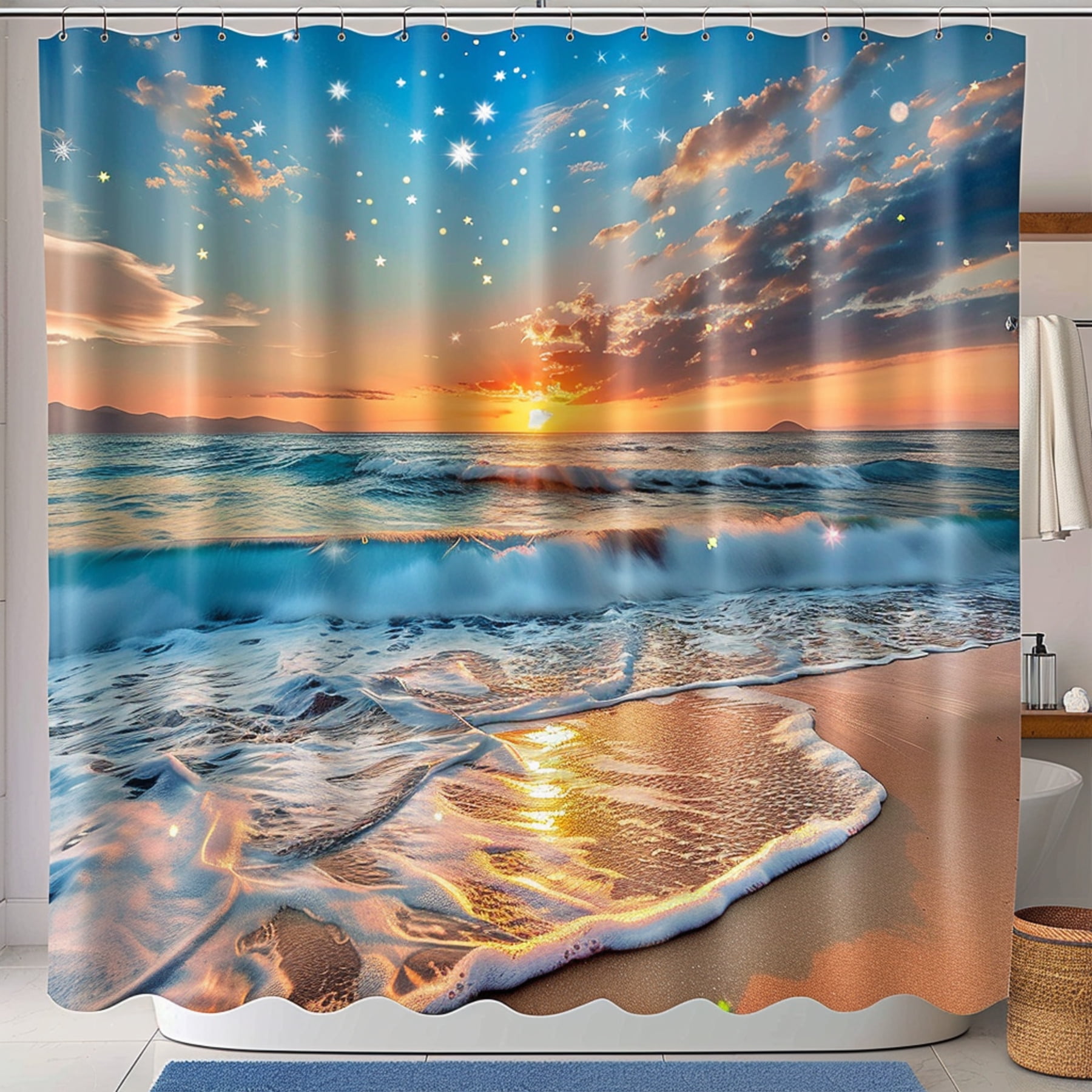 Beach Sunset Seascape Shower Curtain Realistic Ocean Waves Stars Sky