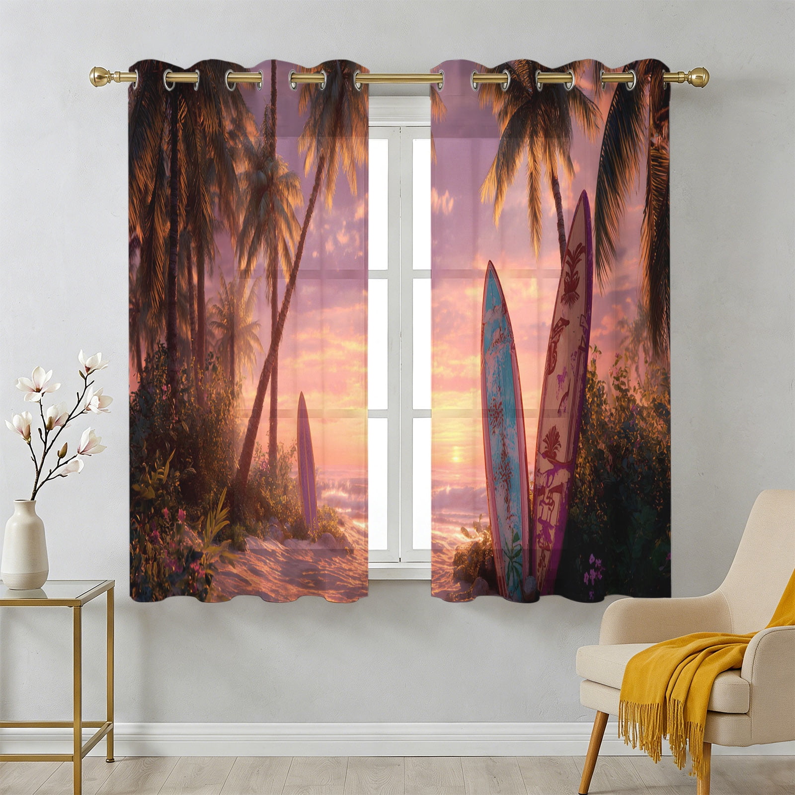 Beach Sunset Sheer Curtains 54 Inch Long 2 Panels, Summer Coconut Trees ...