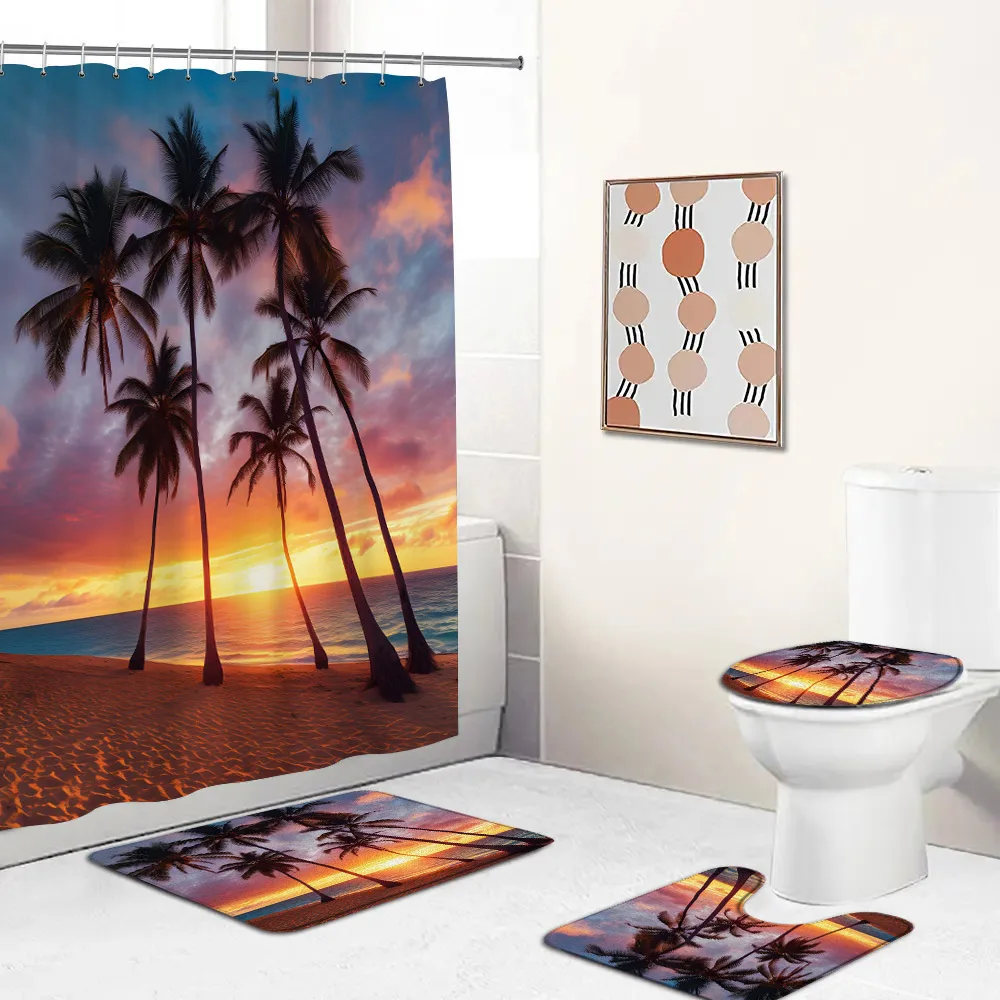 Beach Sunset Shower Curtain Set Seascape Coconut Trees Palm Leaves Bath ...