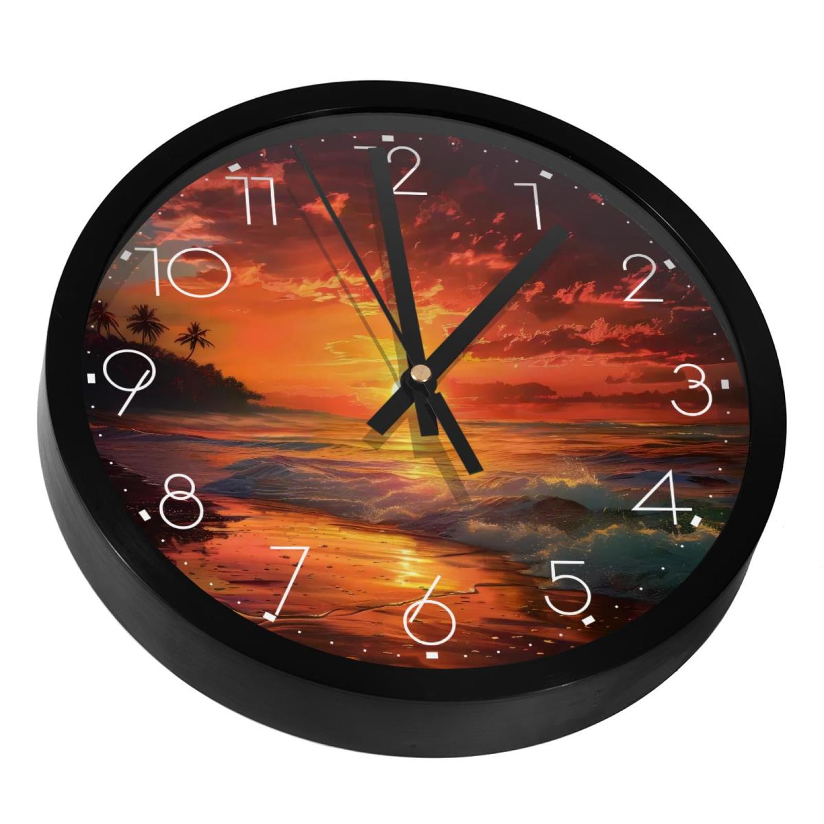 Beach Sunset Silent Wall Clock, Non Ticking Battery Operated 9.8 Inch Wall Clocks for Bedroom ...