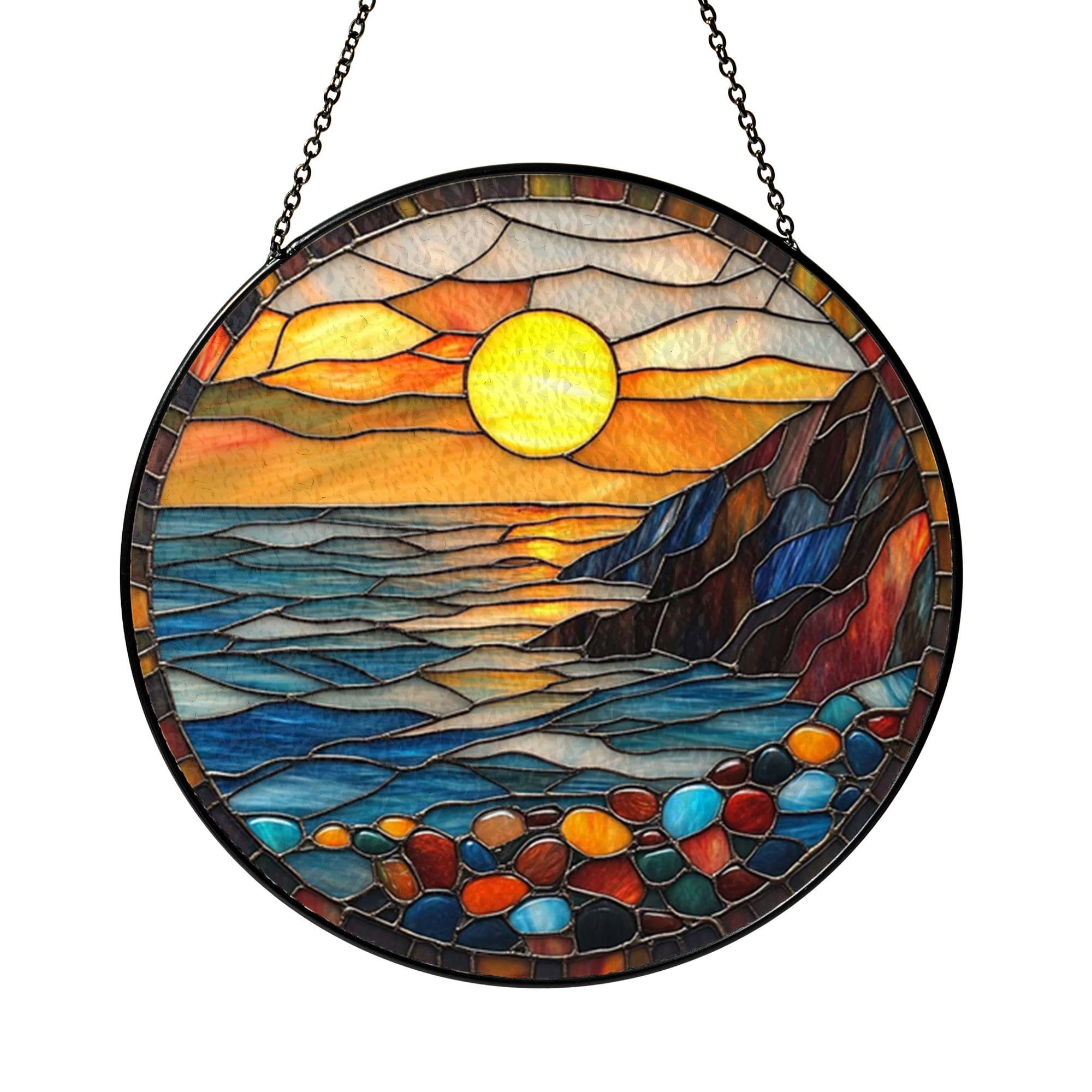 Beach Sunset Stained Glass Style Window Suncatcher, Coastal Wave ...