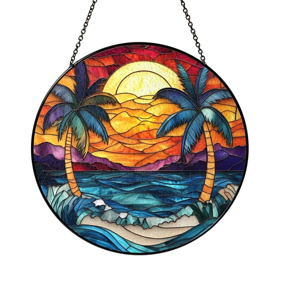 Beach Sunset Stained Glass Style Window Suncatcher, Tropical Ocean ...