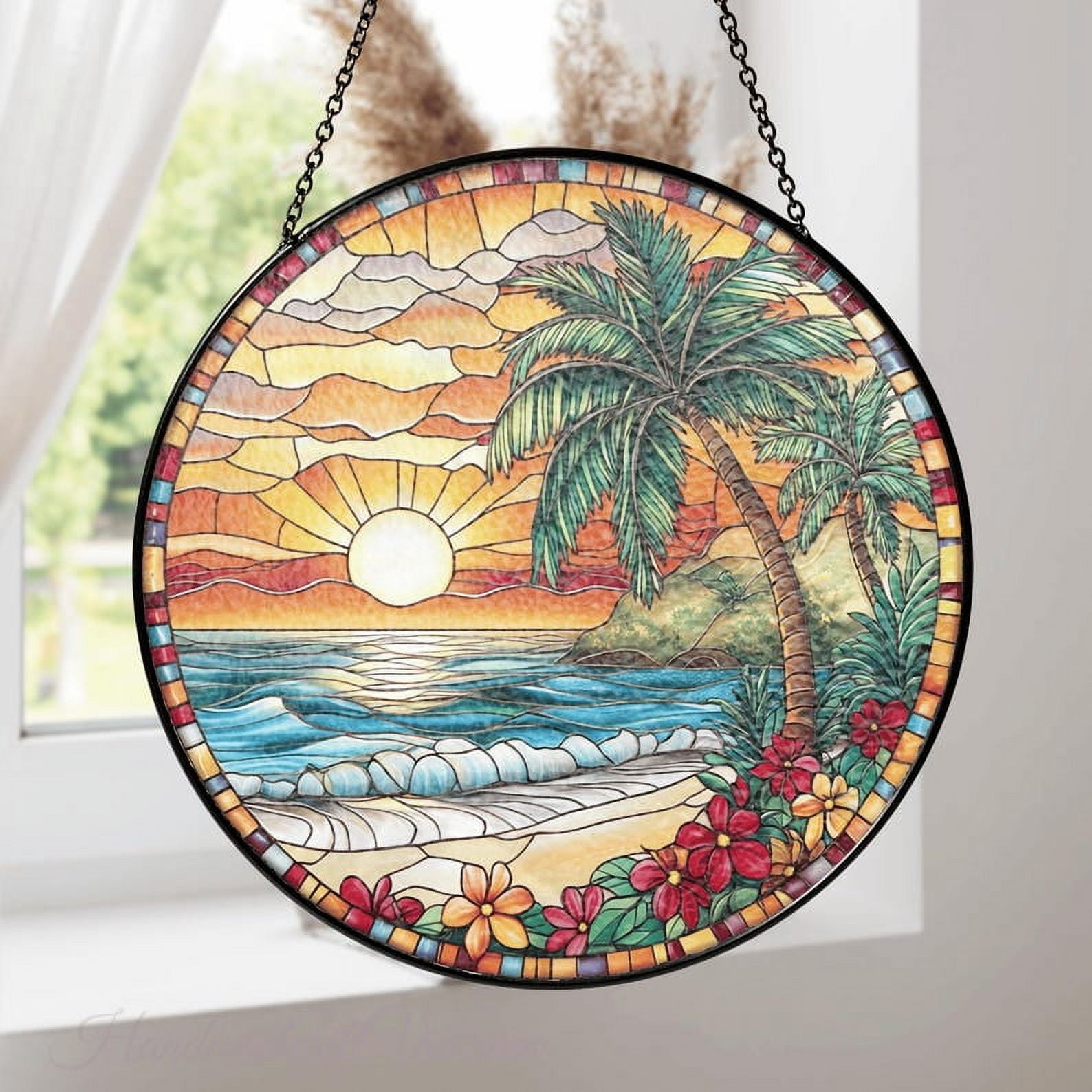 Beach Sunset Stained Glass Suncatcher, Beach Faux Stained Glass, Beach ...
