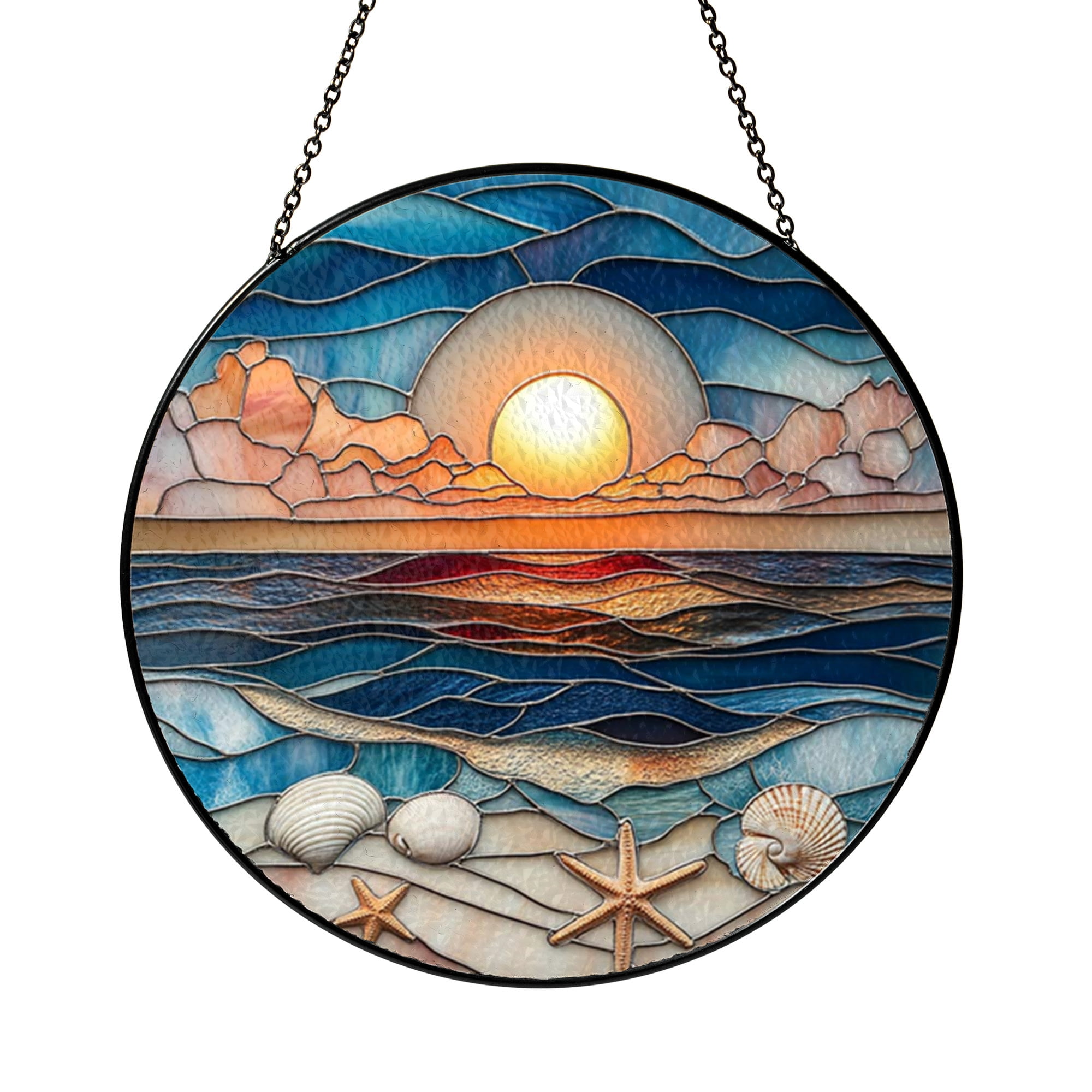 Beach Sunset Stained Glass Suncatcher, Ocean Wave Window Hanging Art ...