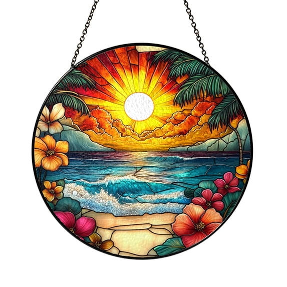 Beach Sunset Stained Glass Suncatcher Window Hanging Coastal Scene ...
