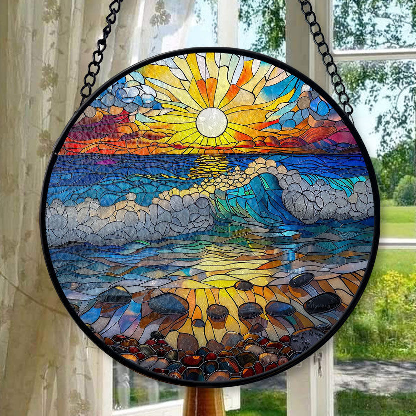 Beach Sunset Stained Glass, Suncatcher Window Hanging, Wave Glass Decor ...