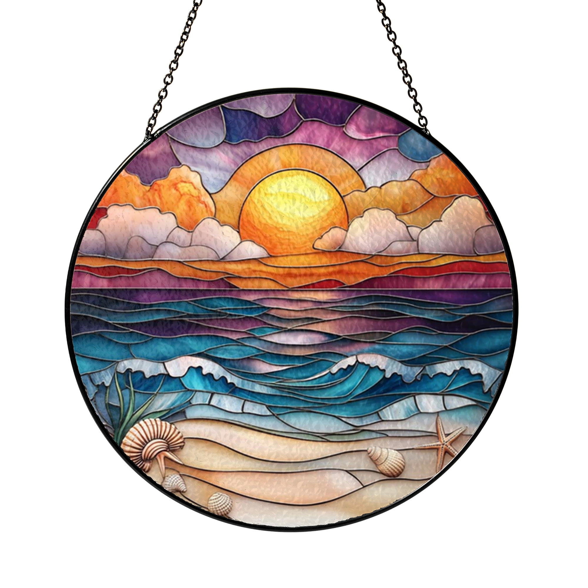 Beach Sunset Stained Glass Window Hanging – Scenic Ocean Coastal ...