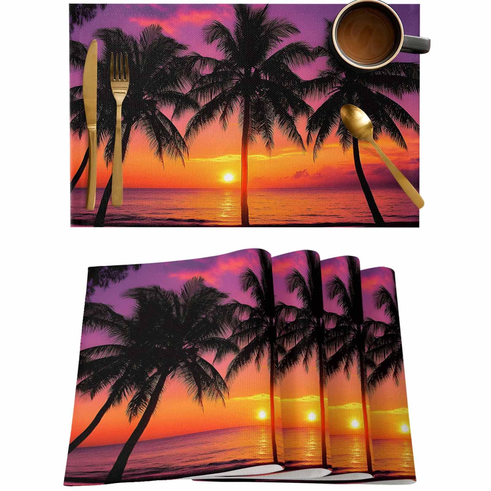 Beach Sunset Summer Coconut Tree Placemats Set of 4,Wipeable Washable ...