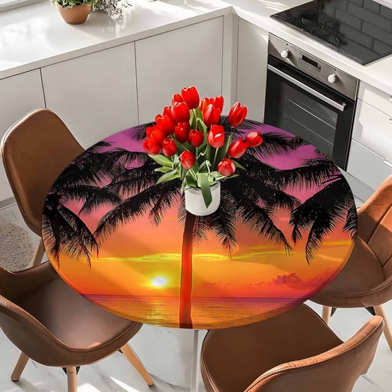 Beach Sunset Summer Coconut Tree Round Fitted Tablecloth with Elastic ...