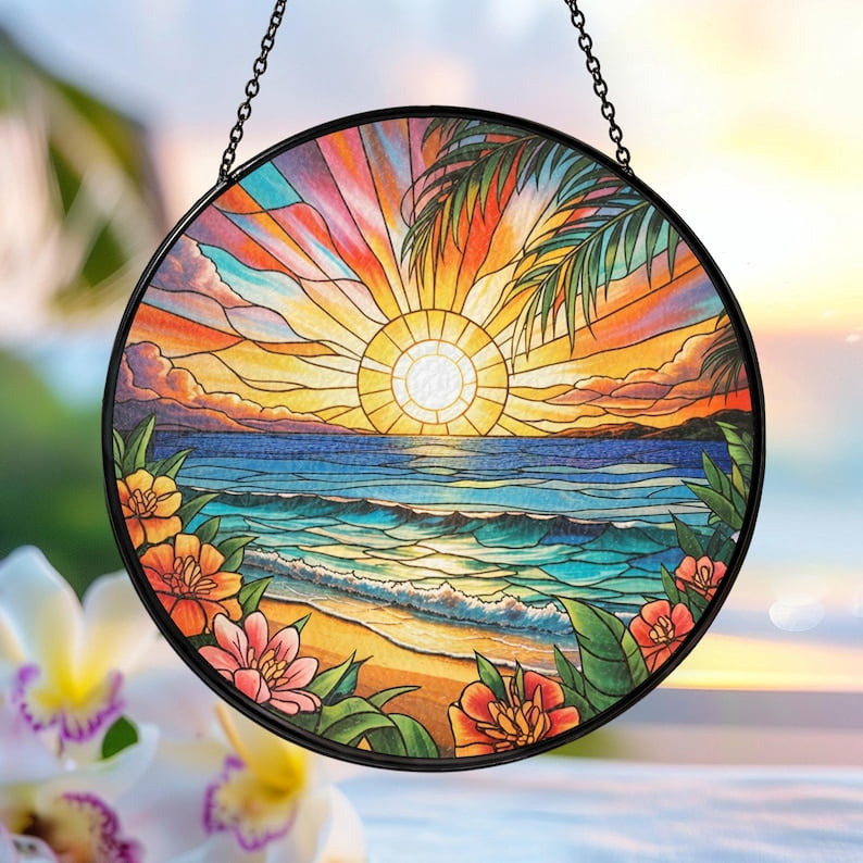 Beach Sunset Sun Catcher Stained Glass Window Hanging, Beach Sunset ...