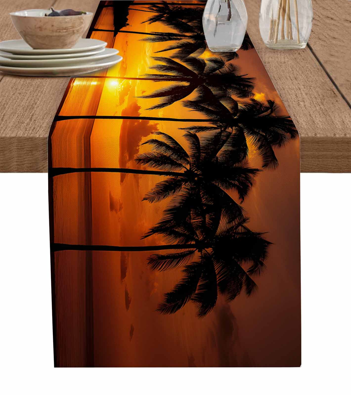 Beach Sunset Table Runner 108 Inches, Ocean Coconut Orange Coastline ...