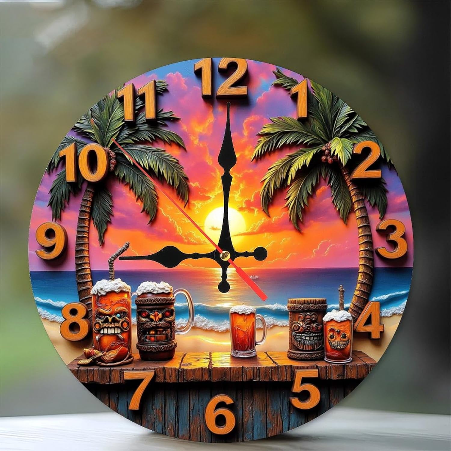 Beach Sunset Tiki Bar Clock Wall Decor 10-Inch Wooden Wall Clock ...