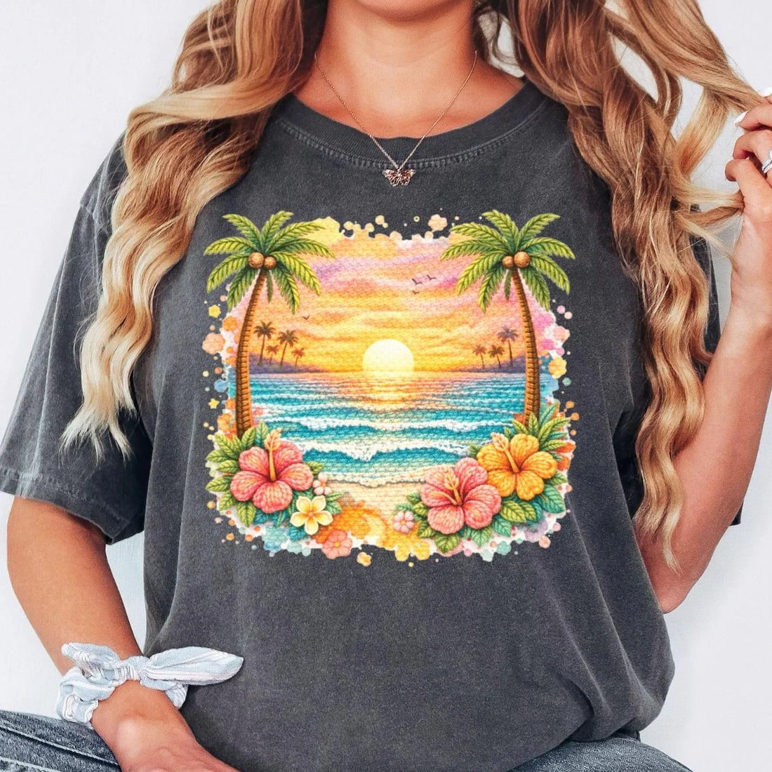 Beach Sunset Tropical Palm Tree Coastal Landscape T-shirt - Walmart.com