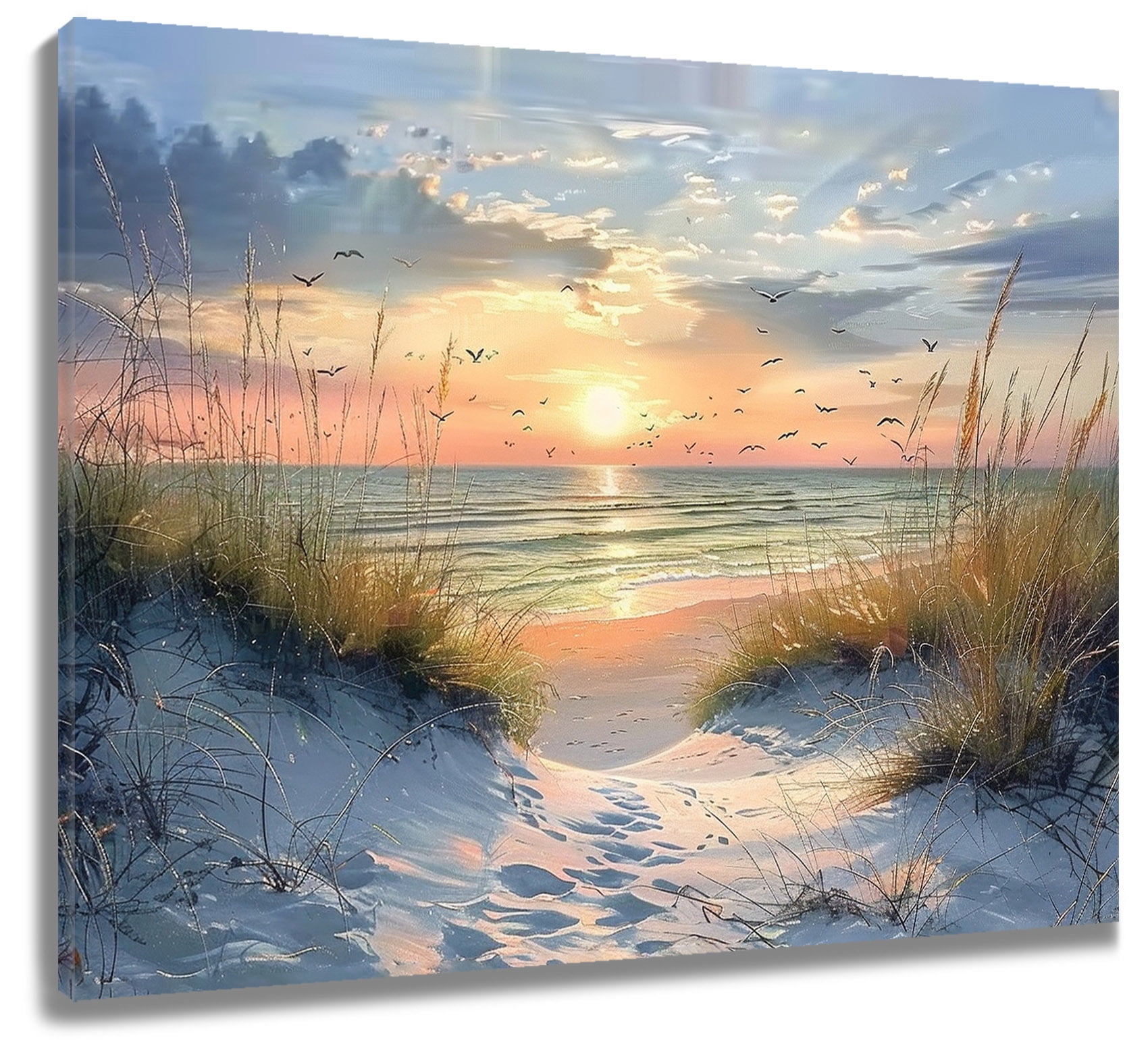 Beach Sunset Wall Art Weed on Sandbeach and Seagulls in Sunset Sky ...