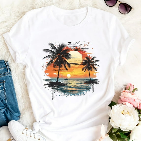 Beach Sunset with Palm Trees Vintage Graphic Tee, Vacation & Nature ...