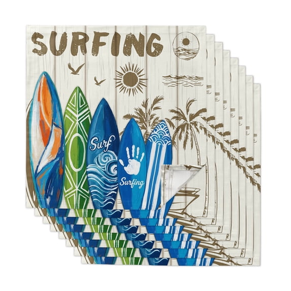 Beach Surfboard Cloth Napkins, Summer Sea Surfing Tropical Botanical ...
