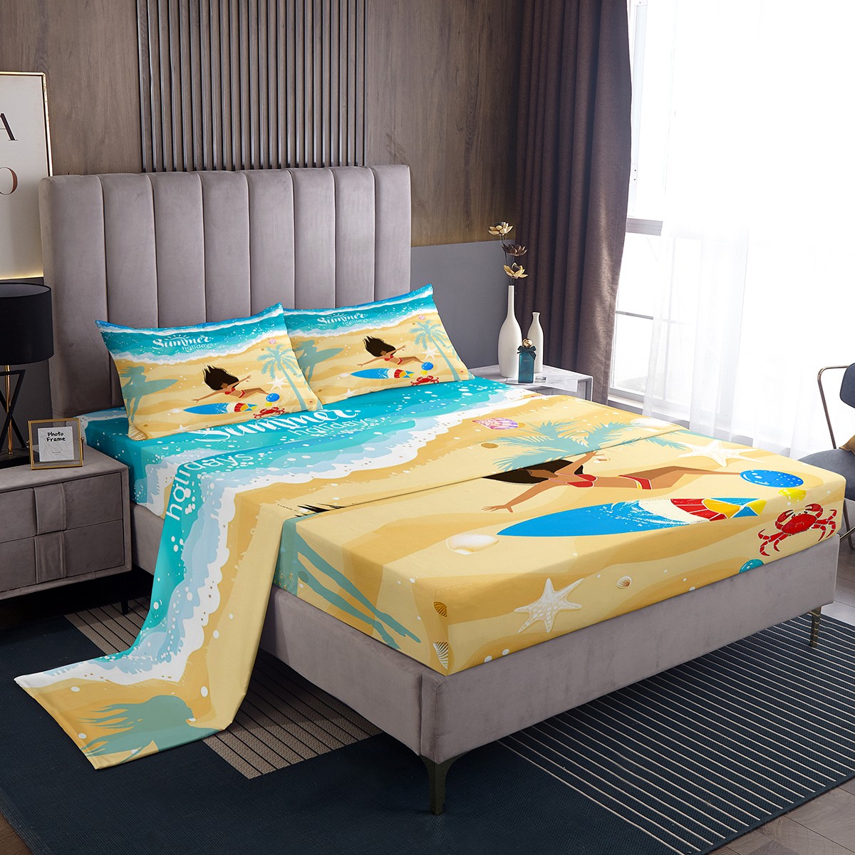 Beach Surfer King Bed Sheets Set,Teal Ocean Sea Coastal Surf Bedding ...