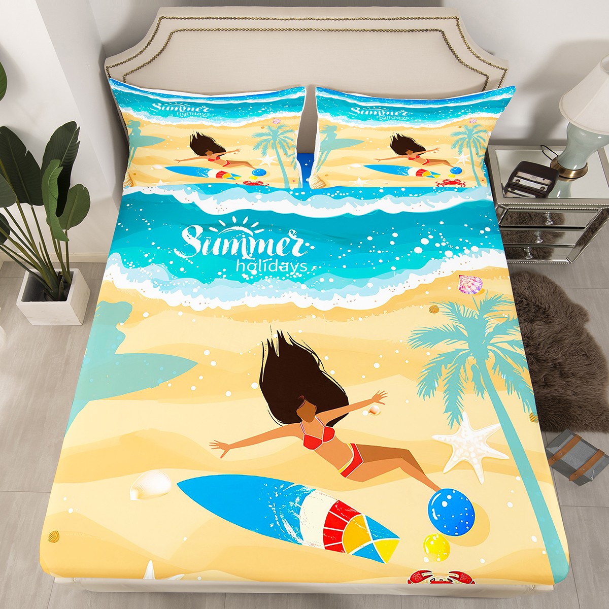 Beach Surfer Queen Fitted Sheet,Teal Ocean Sea Coastal Surf Bedding Set ...