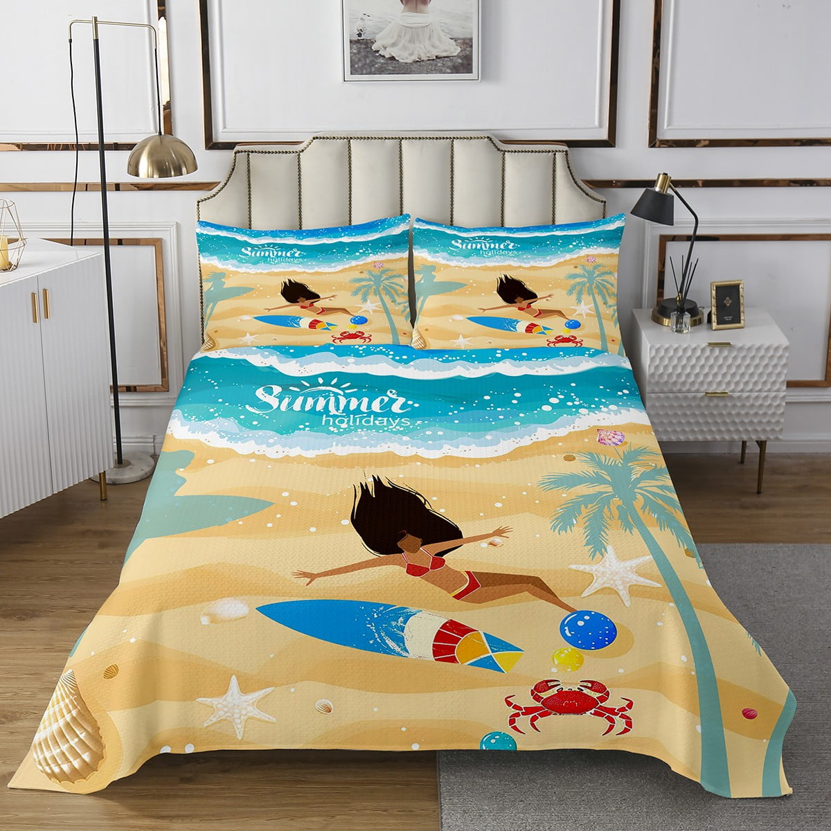 Beach Surfer Twin Quilt Set,Teal Ocean Sea Coastal Surf Bedding Set ...