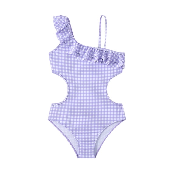 Beach Swimwear For Girls One Shoulder Ruffle Plaid Suit Summer Sets For ...