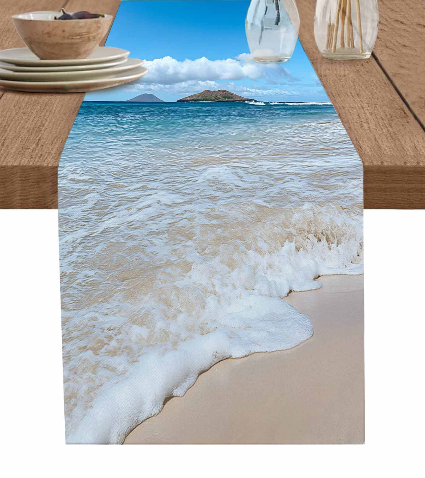 Beach Table Runner 60 Inches, Summer Ocean Blue Sky Sand Waves Modern ...