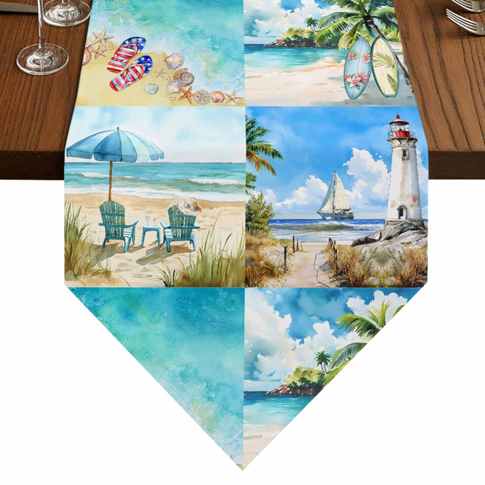 Beach Table Runner for Dining Room, Lighthouse Sailing Summer Cotton ...