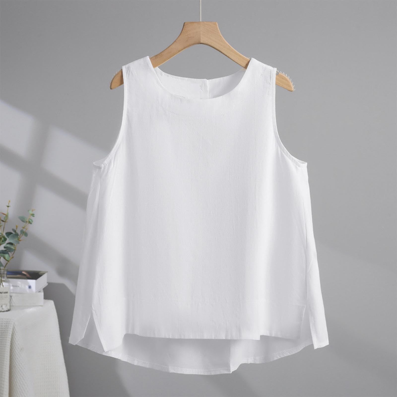 Beach Tank Top for Women Solid Color Imitation And Linen Hem Slit Round ...