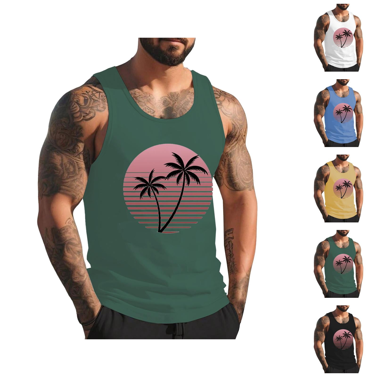 Beach Tank Tops for Men Coconut Tree Print Summer Casual Crewneck ...