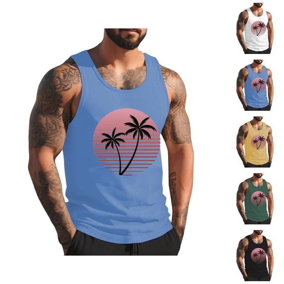 Beach Tank Tops for Men Coconut Tree Print Summer Casual Crewneck ...