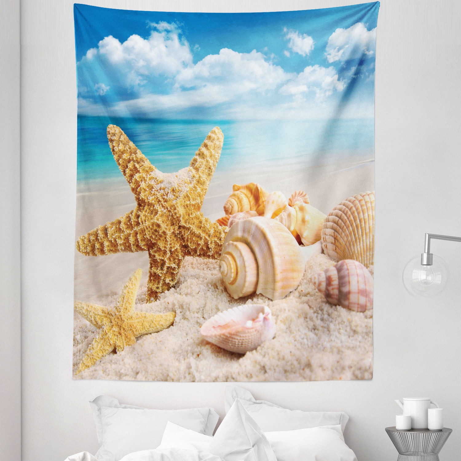 Beach Tapestry, Close up Photo of Coastal View Seashells Scallop Helix ...