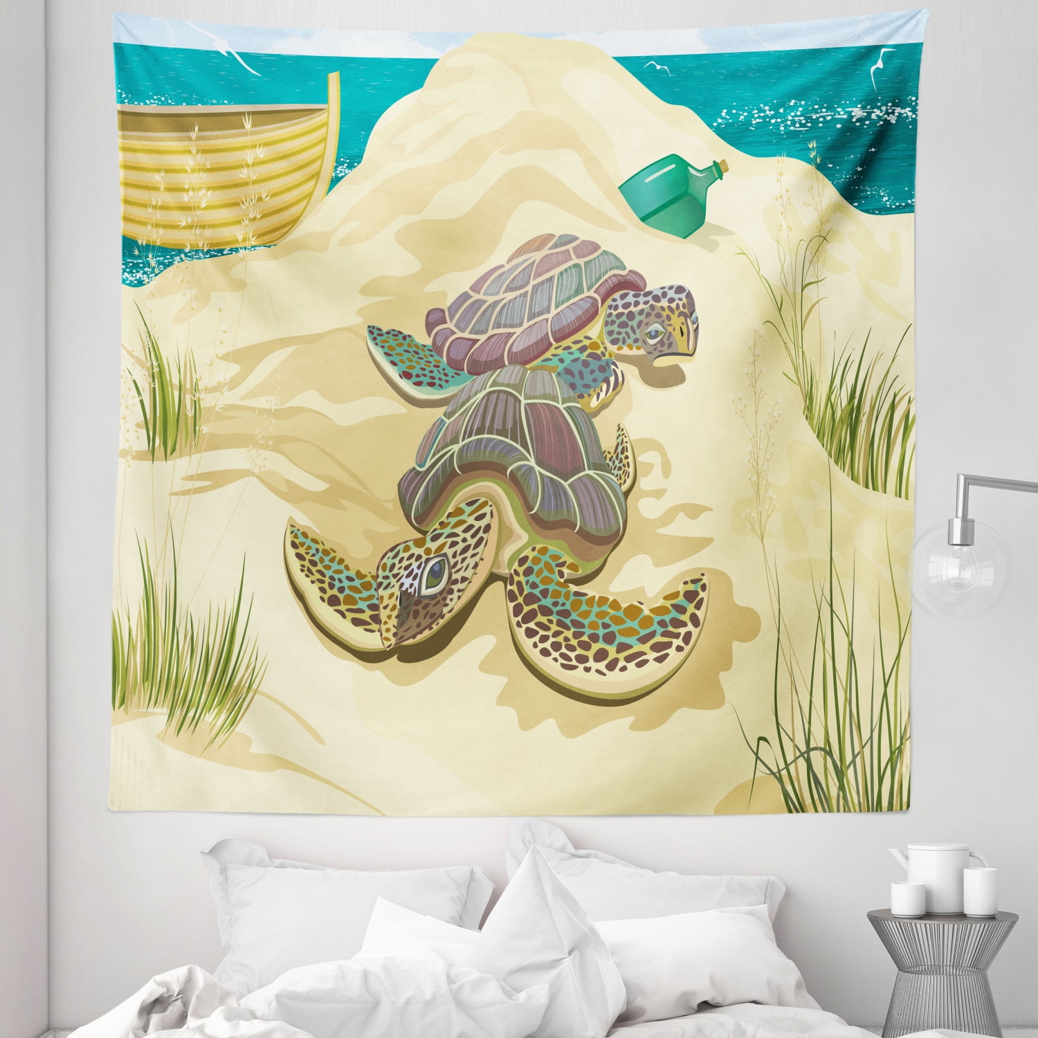 Beach Tapestry, Illustration of 2 Sea Turtles on Sandy Summer Beach ...